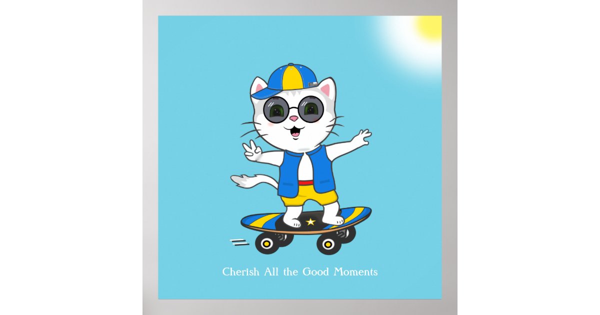 Happy Skater Cat Dressed in Blue and Yellow. Poster | Zazzle