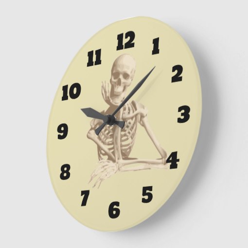 Happy Skeleton Resting His Chin in His Bony Hand Large Clock | Zazzle