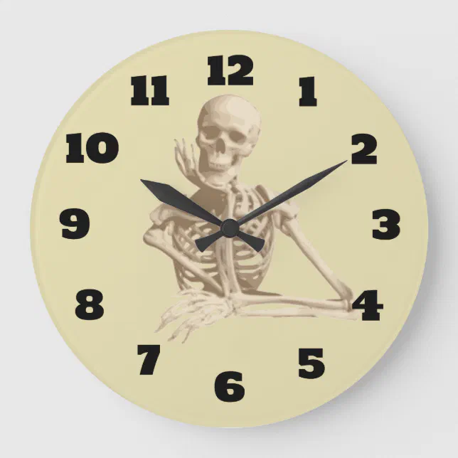 Happy Skeleton Resting His Chin in His Bony Hand Large Clock | Zazzle
