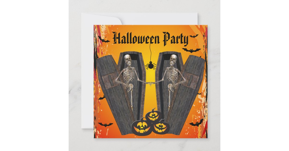 Happy Skeletons in Coffins Halloween Party Invitation | Zazzle