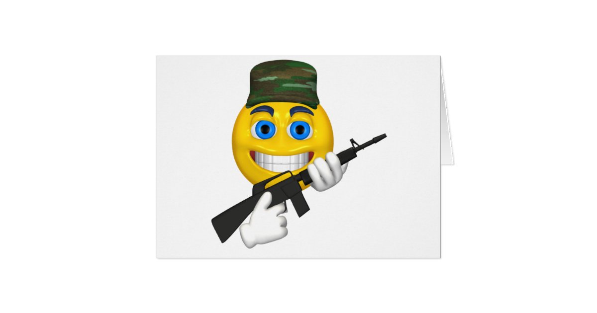 Happy smiley with a machine gun wearing a hat card | Zazzle
