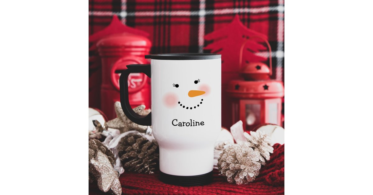 Happy Snowman Face Personalized Name Holiday Travel Mug | Zazzle
