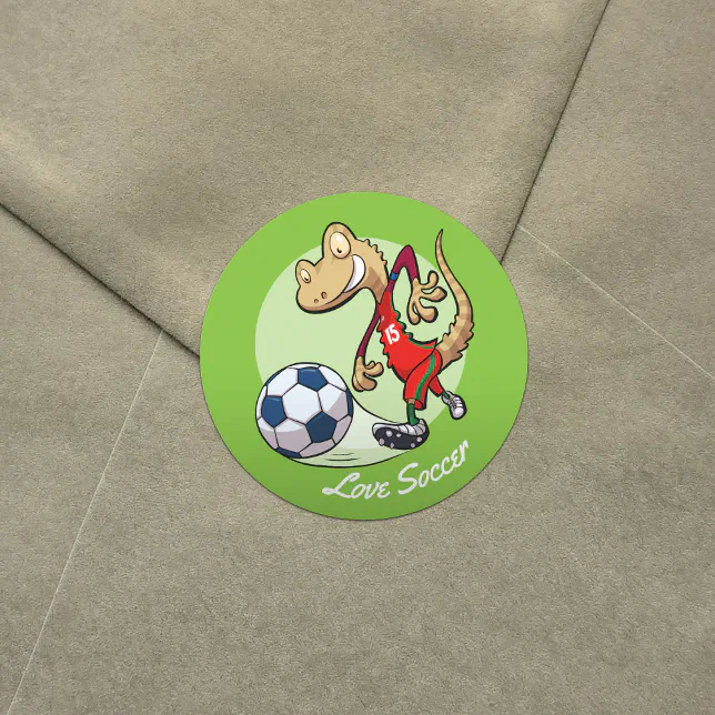 Happy Soccer Star Gecko Kicking Football Cartoon Classic Round Sticker ...