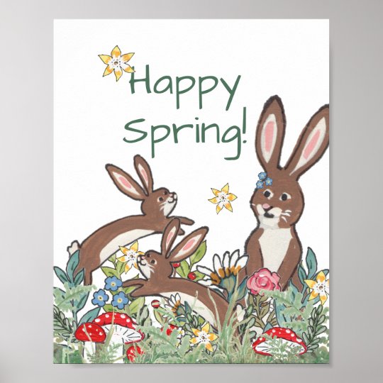 Happy Spring Bunny Rabbits Flower Garden Cheerful Poster | Zazzle.com