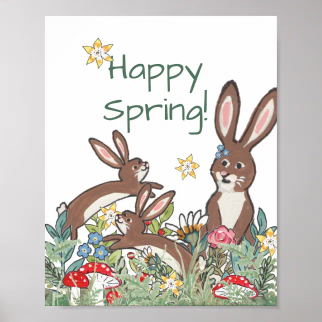 Happy Spring Bunny Rabbits Flower Garden Cheerful Poster | Zazzle
