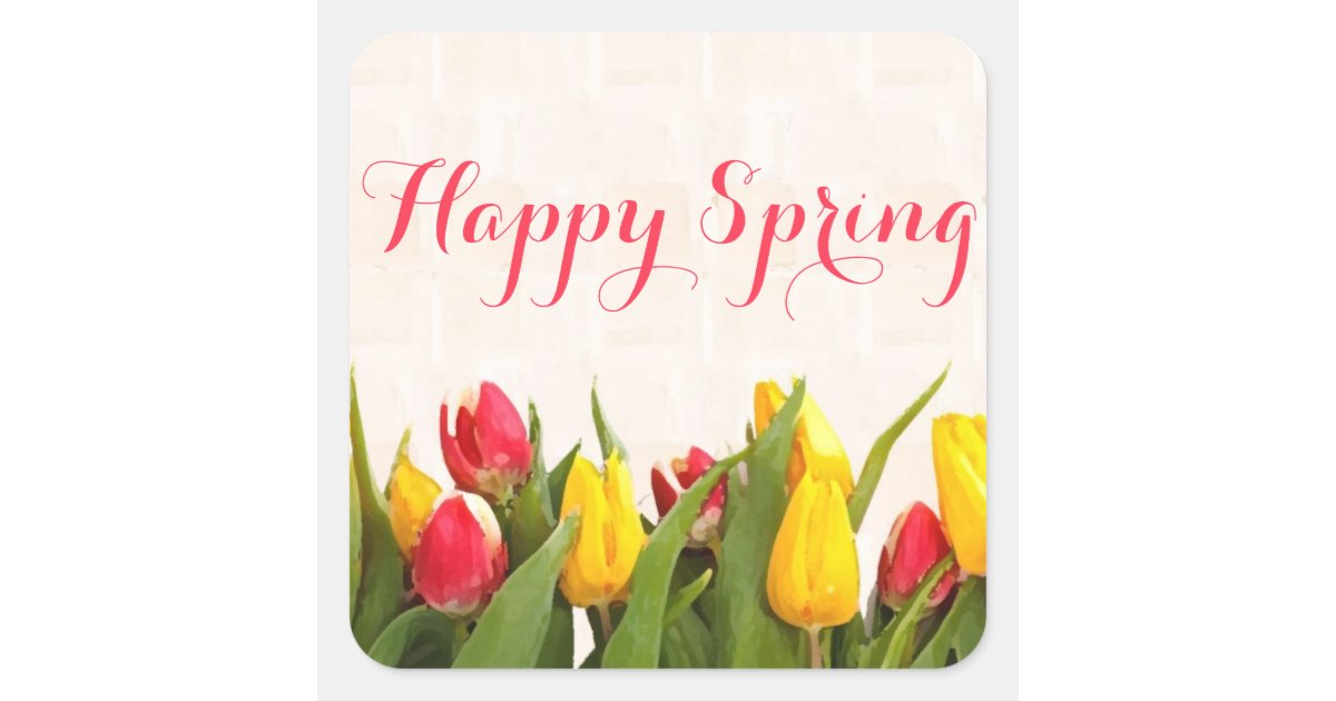 Happy Spring Colorful Tulips Square Sticker | Zazzle
