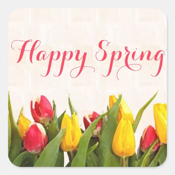 Happy Spring Colorful Tulips Square Sticker | Zazzle