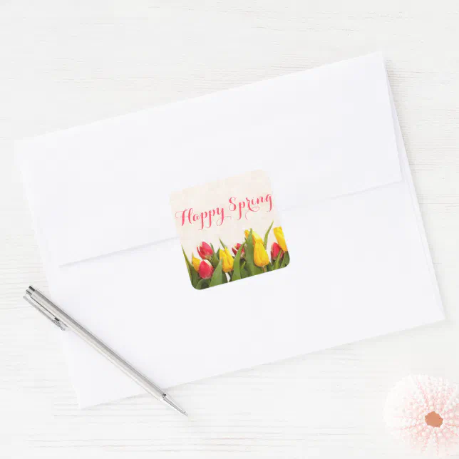 Happy Spring Colorful Tulips Square Sticker | Zazzle