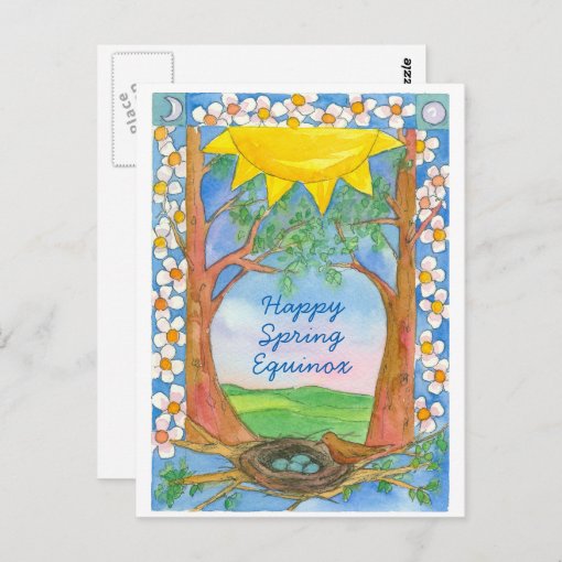 Happy Spring Equinox Sunshine Bird Trees Nature Postcard | Zazzle