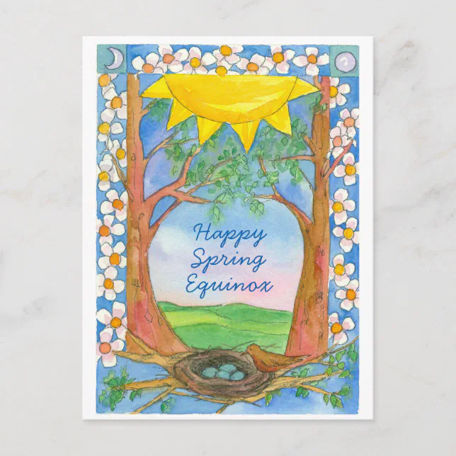 Happy Spring Equinox Sunshine Bird Trees Nature Postcard | Zazzle