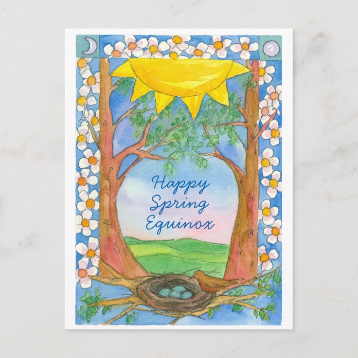 Happy Spring Equinox Sunshine Bird Trees Nature Postcard | Zazzle