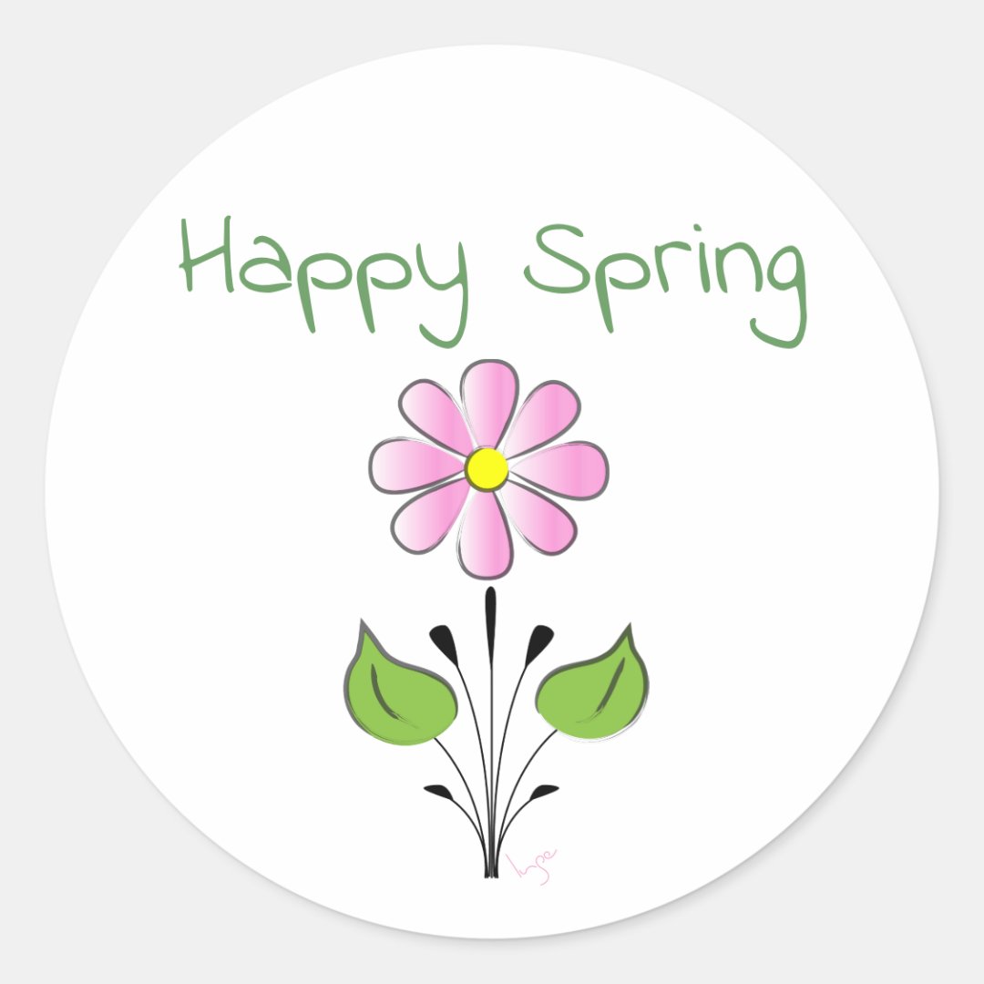 Happy Spring with Pink Flower Cute Classic Round Sticker | Zazzle