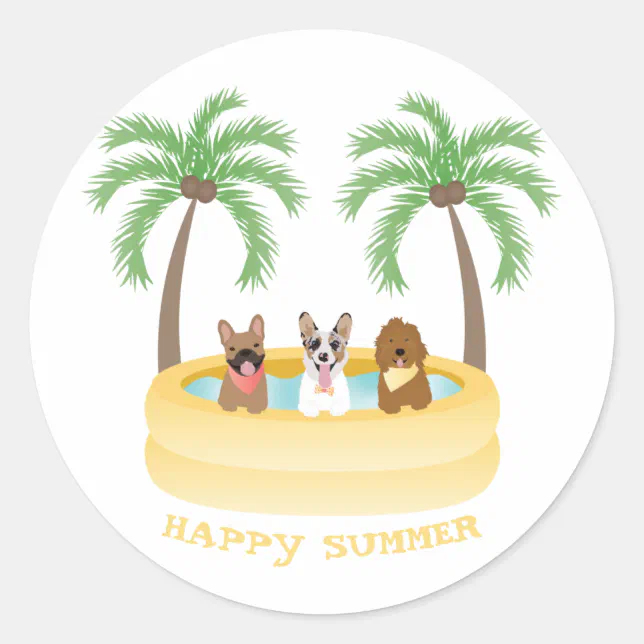 Happy Summer Dogs Swimming Pool Classic Round Sticker | Zazzle