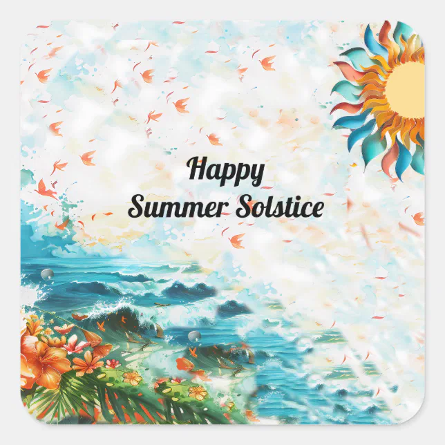Happy Summer Solstice Sun Flowers Sea Square Sticker | Zazzle