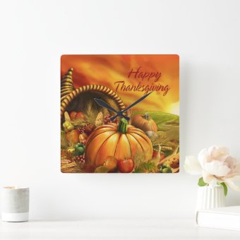 Happy Thanksgiving 2 Wall Clocks & Numeral Options | Zazzle