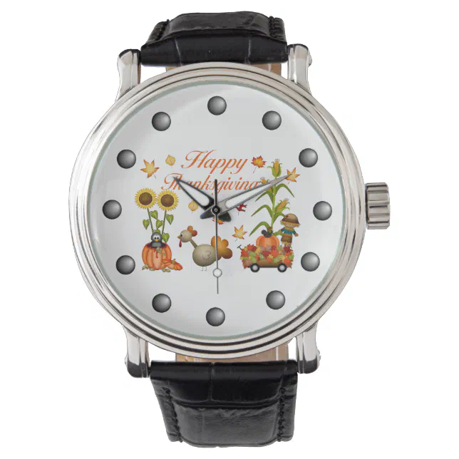 Happy Thanksgiving Autumn Leaves Pumpkin & Turkey Watch | Zazzle
