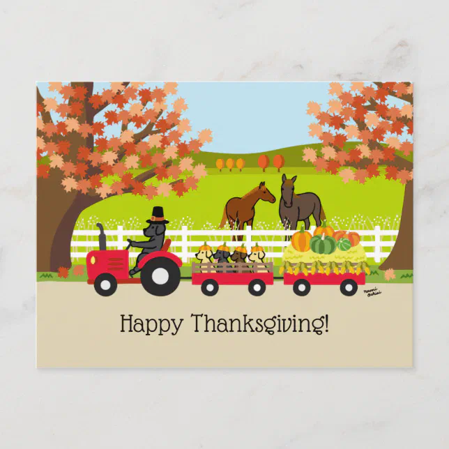 Happy Thanksgiving Black Labrador Tractor Postcard | Zazzle