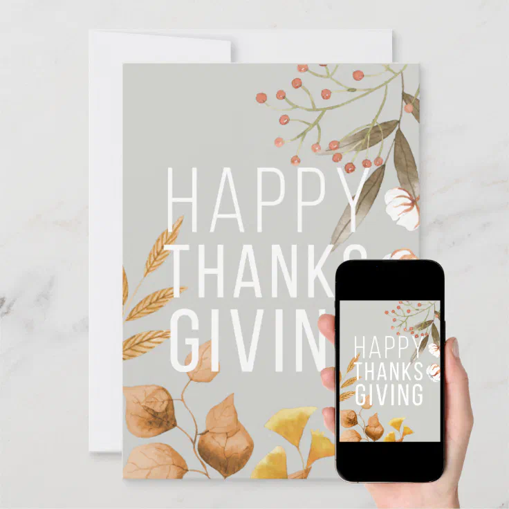 "Happy Thanksgiving" blue botanical customizable Holiday Card | Zazzle