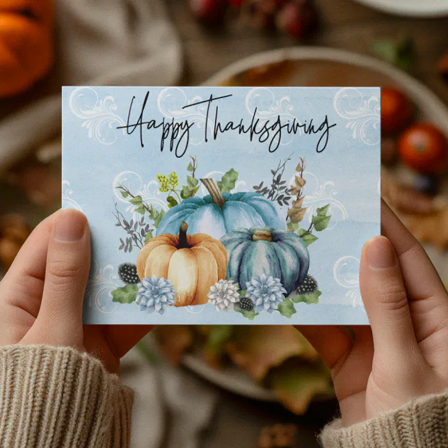 Happy Thanksgiving Blue Watercolor Pumpkin Postcard | Zazzle