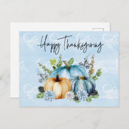 Happy Thanksgiving Blue Watercolor Pumpkin Postcard | Zazzle