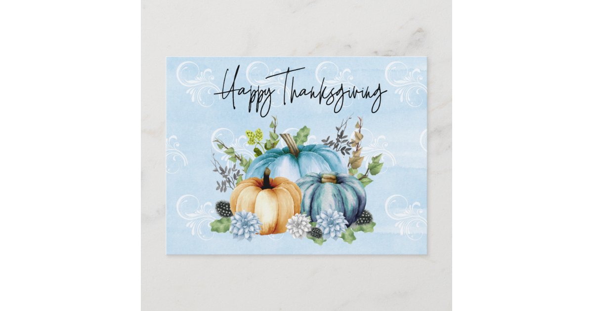 Happy Thanksgiving Blue Watercolor Pumpkin Postcard | Zazzle