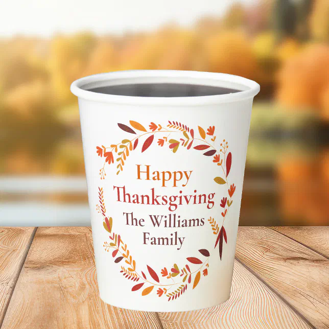 Happy Thanksgiving Custom Autumn Leaf Wreath Paper Cups | Zazzle