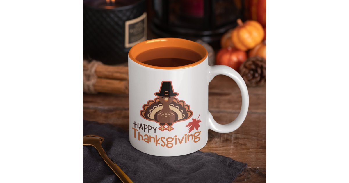 Happy Thanksgiving Cute Pilgrim Turkey Two-Tone Coffee Mug | Zazzle