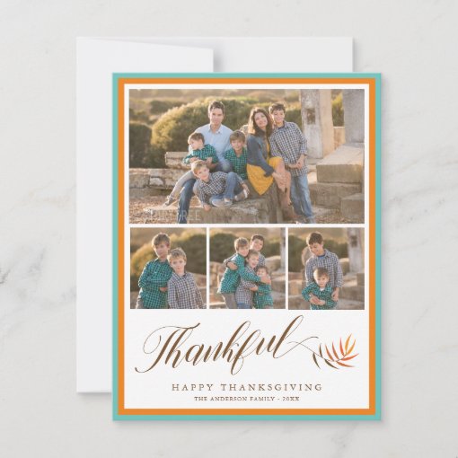 Happy Thanksgiving Elegant Thankful Script 4 Photo Holiday Card | Zazzle