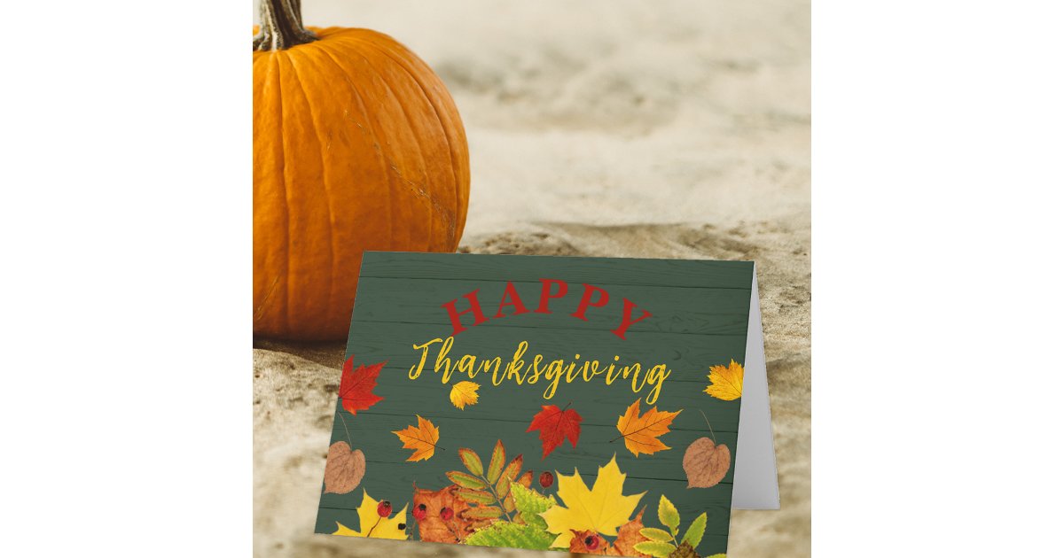 Happy Thanksgiving Fall Colorful Foliage On Wood Thank You Card | Zazzle