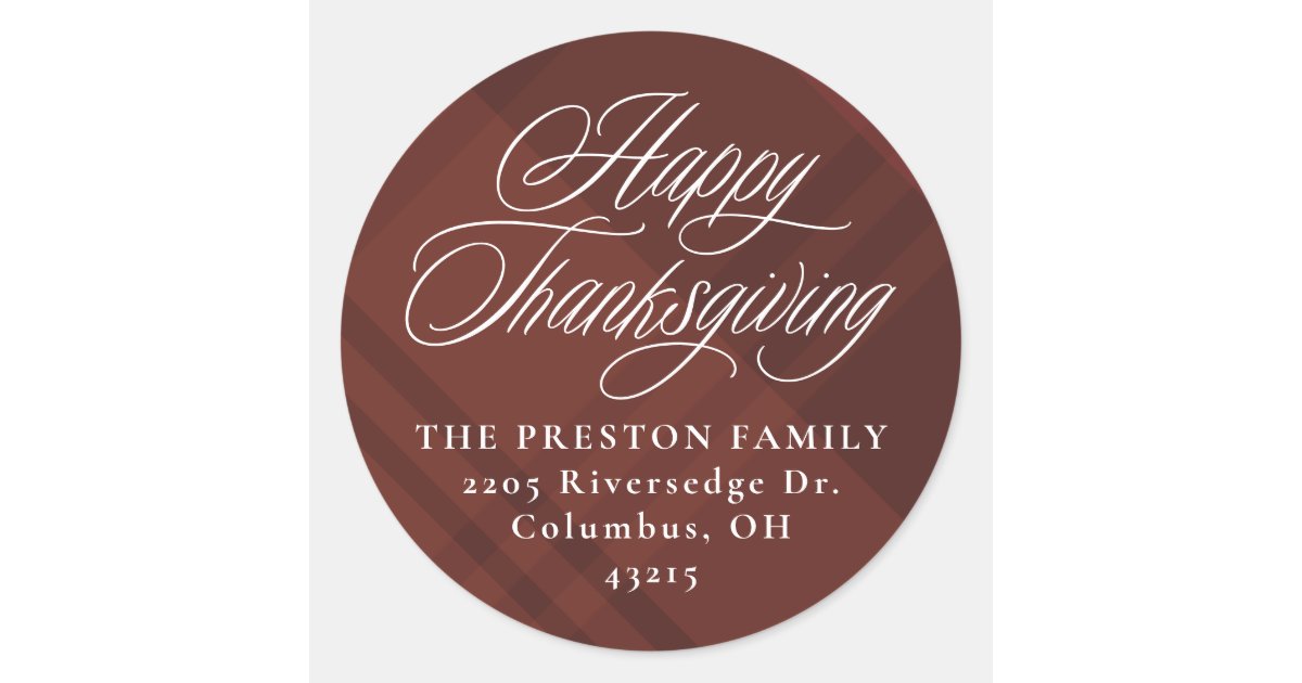 Happy Thanksgiving fall plaid return address Classic Round Sticker | Zazzle