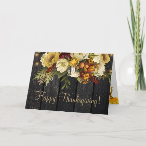 Happy Thanksgiving floral rustic wood Thanksgiving Holiday Card | Zazzle
