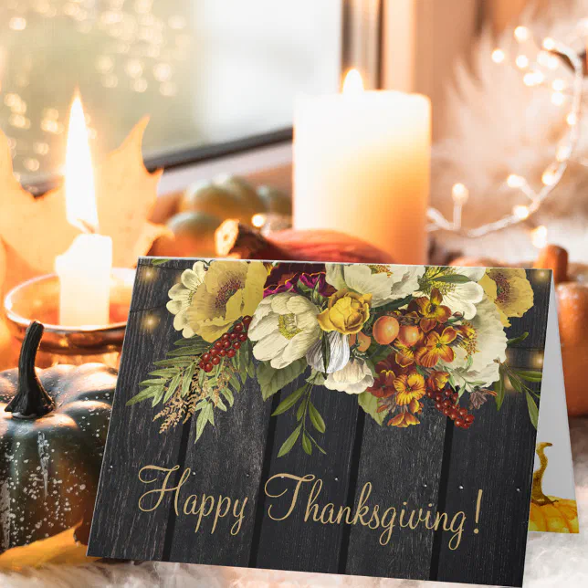Happy Thanksgiving floral rustic wood Thanksgiving Holiday Card | Zazzle