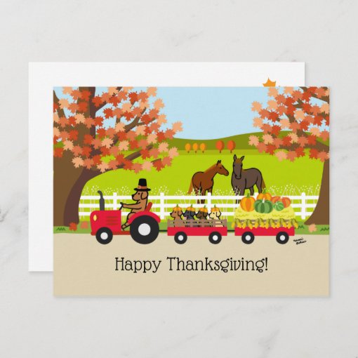 Happy Thanksgiving Fox Red Labrador Tractor Postcard | Zazzle