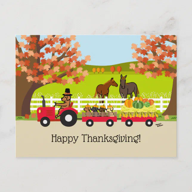 Happy Thanksgiving Fox Red Labrador Tractor Postcard | Zazzle