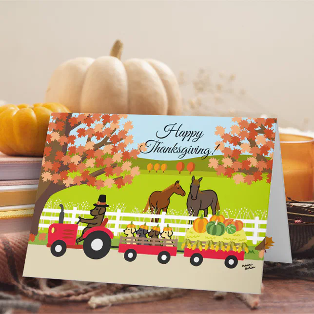 Happy Thanksgiving Labradors and Tractor Card | Zazzle