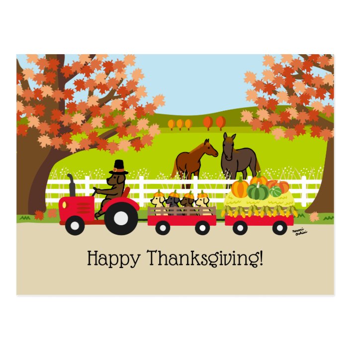 Happy Thanksgiving Labradors and Tractor Postcard | Zazzle.com