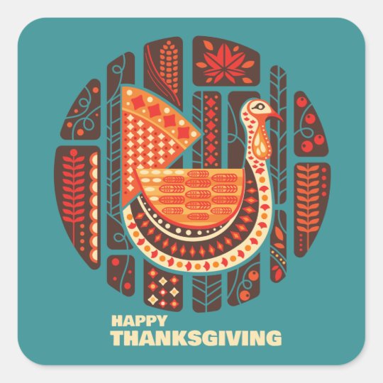 Happy Thanksgiving | Modern Turkey Design Square Sticker | Zazzle.com
