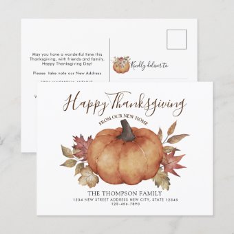 Happy Thanksgiving New Home Pumpkin Moving Announcement Postcard | Zazzle