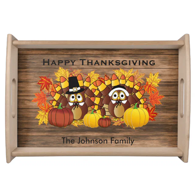 Happy Thanksgiving Owl Turkey Pilgrims on Wood Serving Tray | Zazzle