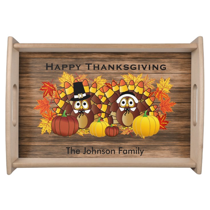 Happy Thanksgiving Owl Turkey Pilgrims on Wood Serving Tray | Zazzle