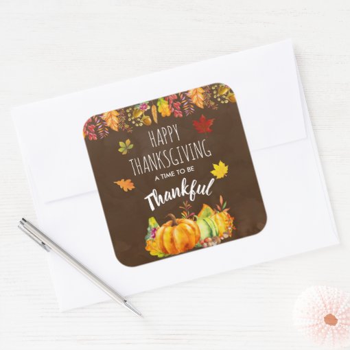Happy Thanksgiving Pumpkins and Autumn Foliage Square Sticker | Zazzle