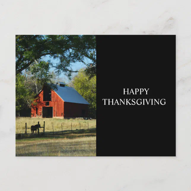 Happy Thanksgiving — Red Barn and Horse Holiday Postcard | Zazzle