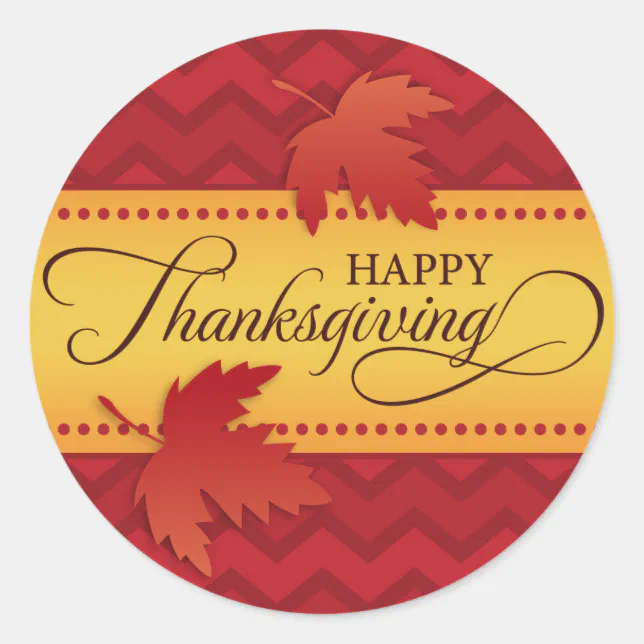 Happy Thanksgiving red chevron pattern autumn leaf Classic Round ...