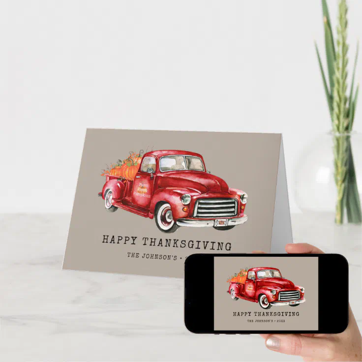 Happy Thanksgiving Red Truck Pumpkins Photo Holiday Card | Zazzle