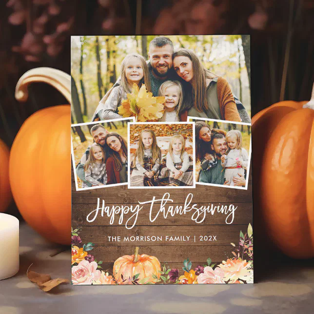 Happy Thanksgiving Rustic Autumn Floral Photo Card | Zazzle