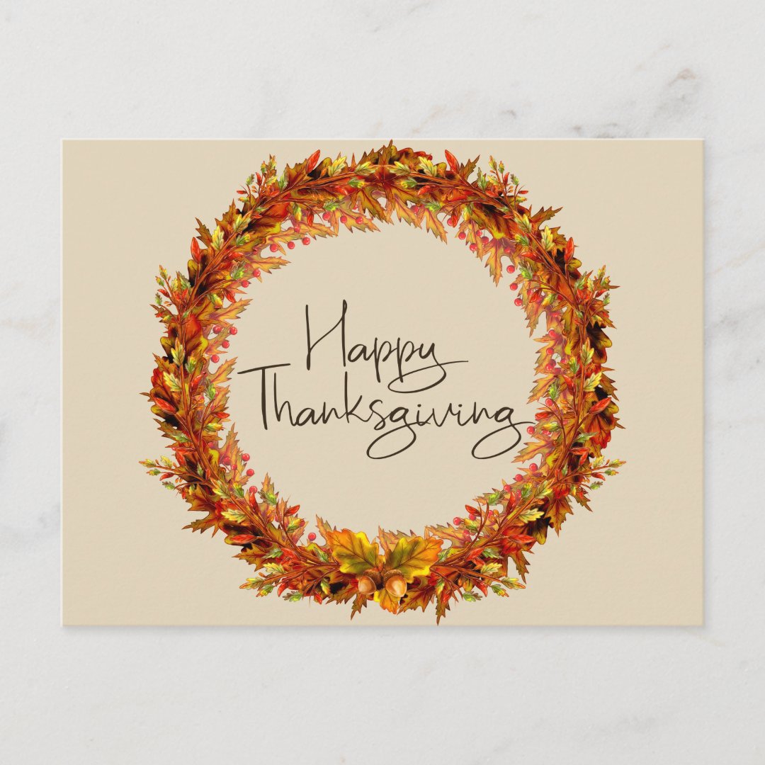 Happy Thanksgiving Simple Autumn Leaf Wreath Postcard | Zazzle