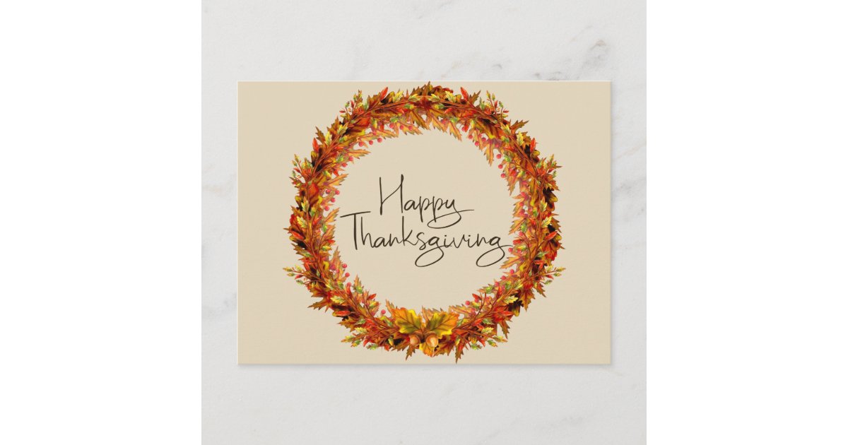 Happy Thanksgiving Simple Autumn Leaf Wreath Postcard | Zazzle