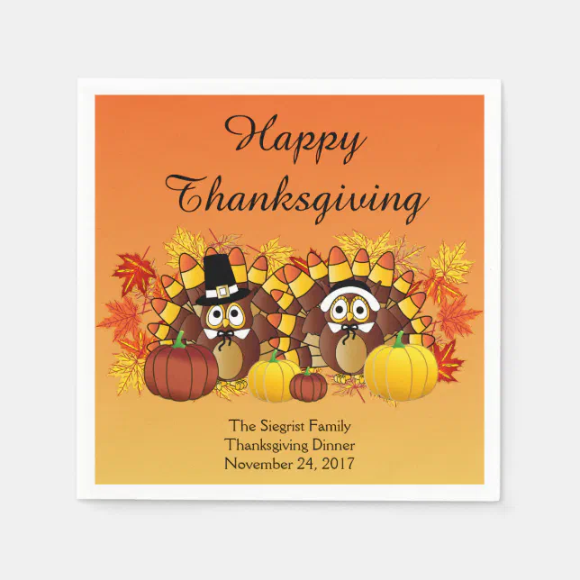 Happy Thanksgiving Turkey Owl Pilgrims Paper Napkins | Zazzle