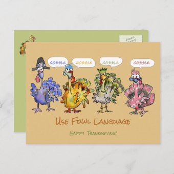 Happy Thanksgiving Turkeys Fowl Language Holiday Postcard | Zazzle