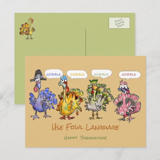 Happy Thanksgiving Turkeys Fowl Language Holiday Postcard | Zazzle